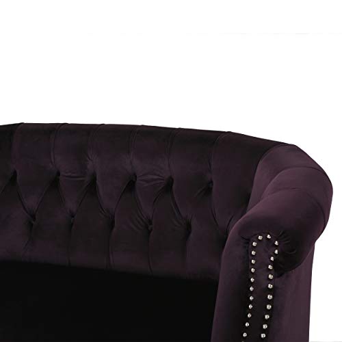 GDFStudio Melaina Tufted Chesterfield Velvet Loveseat with Scrolled Arms, BlackBerry and Dark Brown