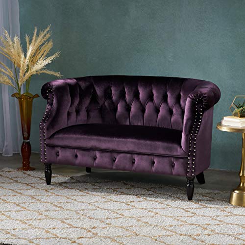 GDFStudio Melaina Tufted Chesterfield Velvet Loveseat with Scrolled Arms, BlackBerry and Dark Brown