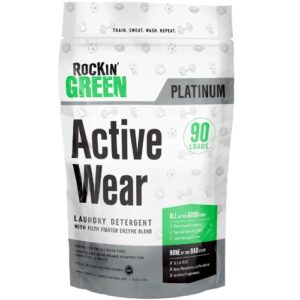 rockin' green active wear detergent (90 loads), plant based, all natural laundry detergent powder, vegan and biodegradable odor fighter, safe for sensitive skin, 45 oz (unscented)