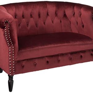 Great Deal Furniture Melaina Tufted Chesterfield Velvet Loveseat with Scrolled Arms, Garnet and Dark Brown