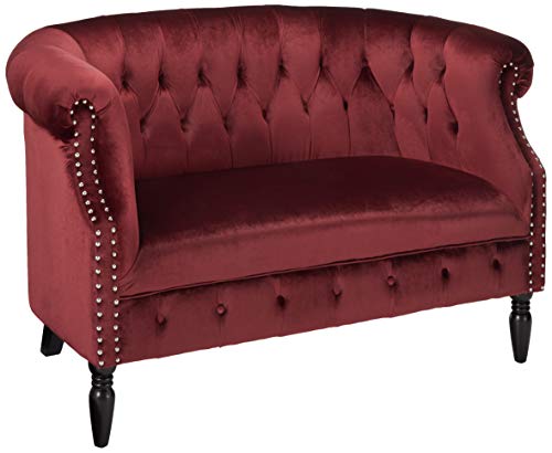 Great Deal Furniture Melaina Tufted Chesterfield Velvet Loveseat with Scrolled Arms, Garnet and Dark Brown