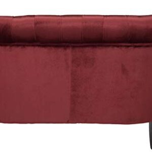 Great Deal Furniture Melaina Tufted Chesterfield Velvet Loveseat with Scrolled Arms, Garnet and Dark Brown