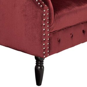 Great Deal Furniture Melaina Tufted Chesterfield Velvet Loveseat with Scrolled Arms, Garnet and Dark Brown