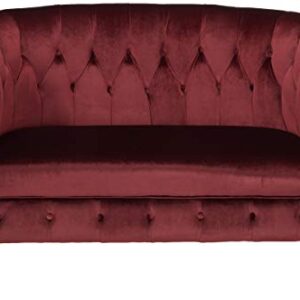 Great Deal Furniture Melaina Tufted Chesterfield Velvet Loveseat with Scrolled Arms, Garnet and Dark Brown