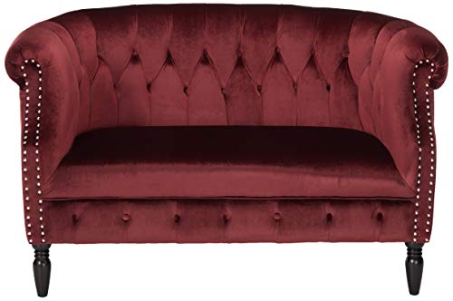 Great Deal Furniture Melaina Tufted Chesterfield Velvet Loveseat with Scrolled Arms, Garnet and Dark Brown