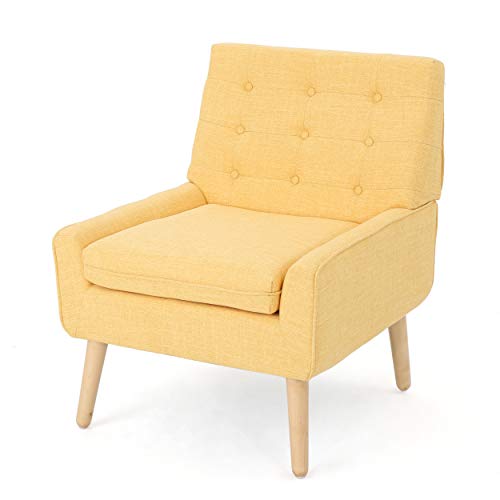 Christopher Knight Home Eilidh Buttoned Mid-Century Modern Fabric Chair, Muted Yellow / Natural