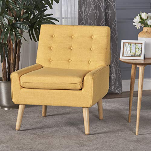 Christopher Knight Home Eilidh Buttoned Mid-Century Modern Fabric Chair, Muted Yellow / Natural