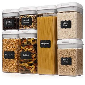 shazo airtight food storage containers 7 piece set, pantry organizer bpa free plastic flour, pasta containers with easy lock lids for kitchen pantry organization and storage includes labels & marker