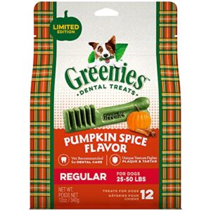 greenies regular natural dog dental care chews oral health dog treats, pumpkin spice flavor, 12 oz. (12 treats)