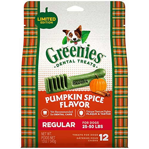 GREENIES Regular Natural Dog Dental Care Chews Oral Health Dog Treats, Pumpkin Spice Flavor, 12 oz. (12 Treats)