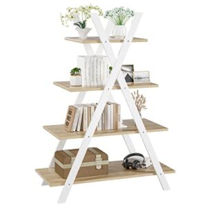 giantex 4-tier bookshelf, 42.5" tall a-frame wooden ladder shelf plant stand rack 11 potted flower holder, easy assembly x-shape freestanding open display storage shelving bookcase