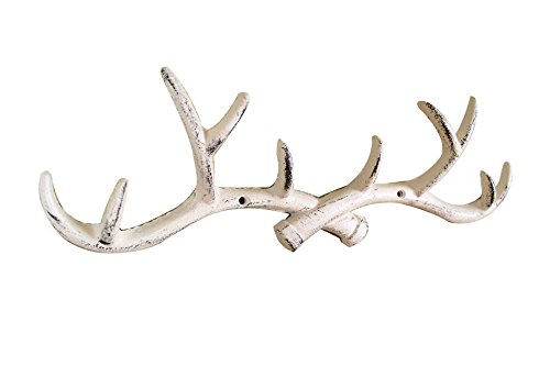 Whitewashed Cast Iron Antler Wall Hooks 15" - Decorative Wall Hook - Deer Decor