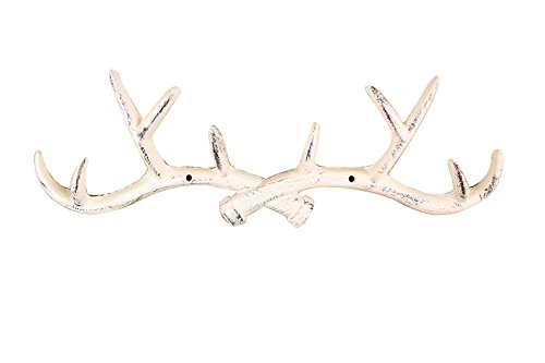 Whitewashed Cast Iron Antler Wall Hooks 15" - Decorative Wall Hook - Deer Decor