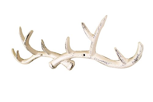 Whitewashed Cast Iron Antler Wall Hooks 15" - Decorative Wall Hook - Deer Decor