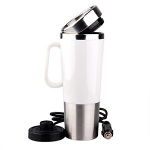 400ml vacuum insulated stainless steel travel mug car cup with charger car boiling mug electric kettle boiling vehicle thermos with dc12v heating cup (white)