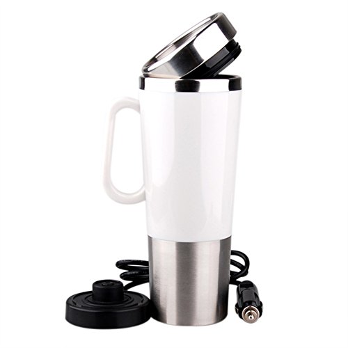 400ml Vacuum Insulated Stainless Steel Travel Mug Car Cup with charger car Boiling Mug Electric Kettle Boiling Vehicle Thermos with DC12V Heating Cup (white)