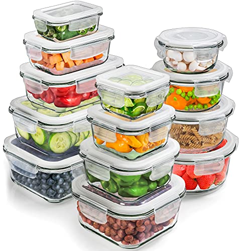 PrepNaturals 13-pack Glass Meal Prep Air Tight Containers with Custom Fit Lids - Glass Food Storage Containers - Microwave, Oven and Freezer Safe