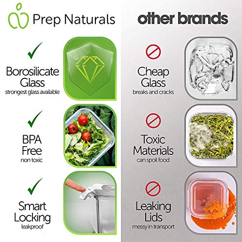 PrepNaturals 13-pack Glass Meal Prep Air Tight Containers with Custom Fit Lids - Glass Food Storage Containers - Microwave, Oven and Freezer Safe