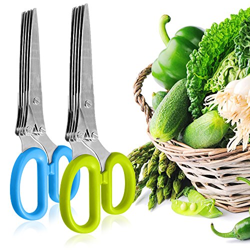 2 Packs Stainless Steel Herb Scissors, SourceTon Multi-purpose Kitchen Shear with 5 Blades and Cleaning Brush, Ergonomic Design Heavy Duty Durable Culinary Cutter with Sharp Blade