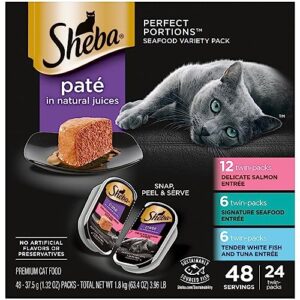 sheba perfect portions paté adult wet cat food trays (24 count, 48 servings), signature seafood entrée, easy peel twin-pack trays