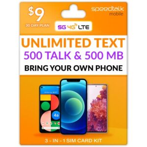 speedtalk mobile sim card unlimited text 500 minutes talk 500mb data for 5g 4g lte ios android smart phones | triple cut 3 in 1 simcard - standard micro nano | no contract cellphone plan | us coverage