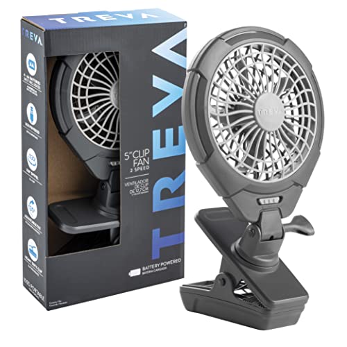 Treva 5 Inch Two Speed Battery & USB Powered Clip On Fan - Slim and Portable Cooling Travel Fan with USB - Gray