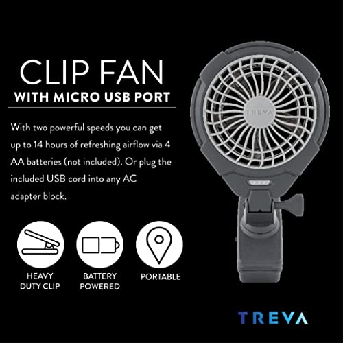 Treva 5 Inch Two Speed Battery & USB Powered Clip On Fan - Slim and Portable Cooling Travel Fan with USB - Gray