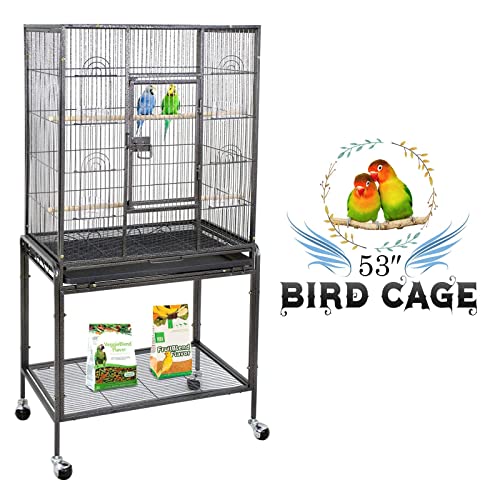 ZENY 53-Inch Parakeet Bird Cage, Wrought Iron Standing Large Parrot Parakeet Flight Birdcage with Rolling Stand, Pet Parrot Cage, Flight Cage for Cockatiels Parakeet Lovebird Canary Finch