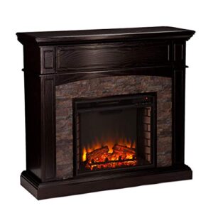 sei furniture grantham faux stone corner electric media fireplace, ebony finish.