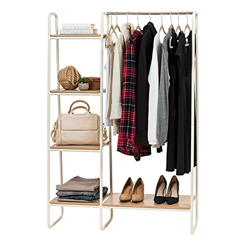 IRIS USA Clothing Rack, Clothes Rack with 4 Wood Shelves, Freestanding Clothing Rack, Easy to Assemble Garment Rack, Standing Metal Sturdy Clothing Rack, Small Space Storage Solution, White