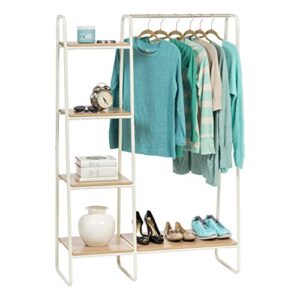 IRIS USA Clothing Rack, Clothes Rack with 4 Wood Shelves, Freestanding Clothing Rack, Easy to Assemble Garment Rack, Standing Metal Sturdy Clothing Rack, Small Space Storage Solution, White