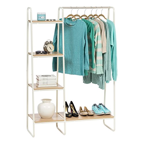 IRIS USA Clothing Rack, Clothes Rack with 4 Wood Shelves, Freestanding Clothing Rack, Easy to Assemble Garment Rack, Standing Metal Sturdy Clothing Rack, Small Space Storage Solution, White