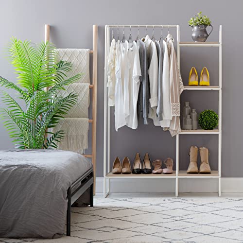 IRIS USA Clothing Rack, Clothes Rack with 4 Wood Shelves, Freestanding Clothing Rack, Easy to Assemble Garment Rack, Standing Metal Sturdy Clothing Rack, Small Space Storage Solution, White