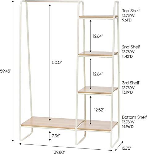 IRIS USA Clothing Rack, Clothes Rack with 4 Wood Shelves, Freestanding Clothing Rack, Easy to Assemble Garment Rack, Standing Metal Sturdy Clothing Rack, Small Space Storage Solution, White