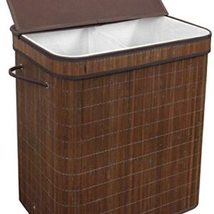 Greenco Bamboo Foldable Double Hamper, Flip-top Lid, Side Rope Carrying Handles and Inner Liner with Divider- Espresso, brown