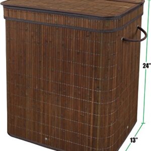 Greenco Bamboo Foldable Double Hamper, Flip-top Lid, Side Rope Carrying Handles and Inner Liner with Divider- Espresso, brown