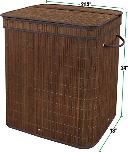 Greenco Bamboo Foldable Double Hamper, Flip-top Lid, Side Rope Carrying Handles and Inner Liner with Divider- Espresso, brown