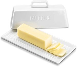 kook ceramic butter dish with lid, kitchen countertop butter keeper, serving tray with cover, storage container, holds 1 stick, microwave and dishwasher safe, white