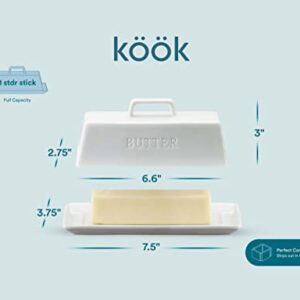 Kook Ceramic Butter Dish with Lid, Kitchen Countertop Butter Keeper, Serving Tray with Cover, Storage Container, Holds 1 Stick, Microwave and Dishwasher Safe, White