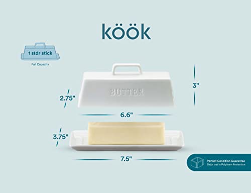 Kook Ceramic Butter Dish with Lid, Kitchen Countertop Butter Keeper, Serving Tray with Cover, Storage Container, Holds 1 Stick, Microwave and Dishwasher Safe, White