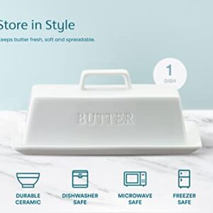 Kook Ceramic Butter Dish with Lid, Kitchen Countertop Butter Keeper, Serving Tray with Cover, Storage Container, Holds 1 Stick, Microwave and Dishwasher Safe, White