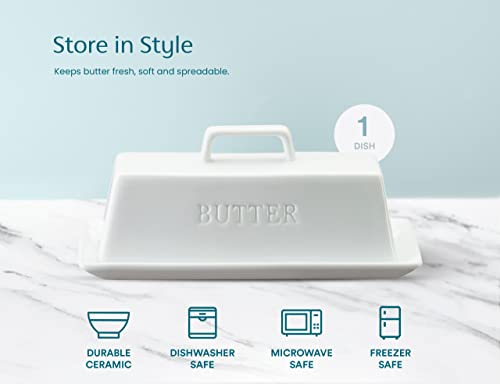 Kook Ceramic Butter Dish with Lid, Kitchen Countertop Butter Keeper, Serving Tray with Cover, Storage Container, Holds 1 Stick, Microwave and Dishwasher Safe, White