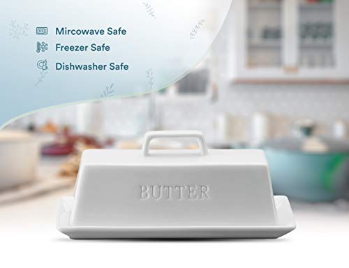 Kook Ceramic Butter Dish with Lid, Kitchen Countertop Butter Keeper, Serving Tray with Cover, Storage Container, Holds 1 Stick, Microwave and Dishwasher Safe, White