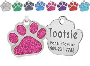 io tags pet id tags, personalized dog tags and cat tags, custom engraved, easy to read, cute glitter paw pet tag (pink)