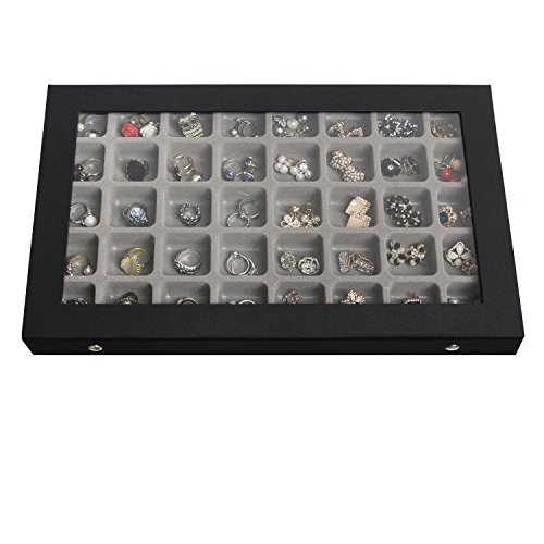 JackCubeDesign 40 Compartments Jewelry Display Tray Showcase Organizer Storage Box Slots Holder for Earring, Ring with Acrylic Cover(Black, 16.97 x 9.7 x 1.65 inches) – :MK333A