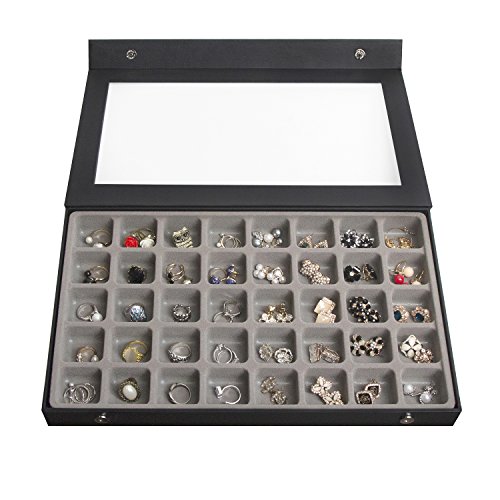 JackCubeDesign 40 Compartments Jewelry Display Tray Showcase Organizer Storage Box Slots Holder for Earring, Ring with Acrylic Cover(Black, 16.97 x 9.7 x 1.65 inches) – :MK333A