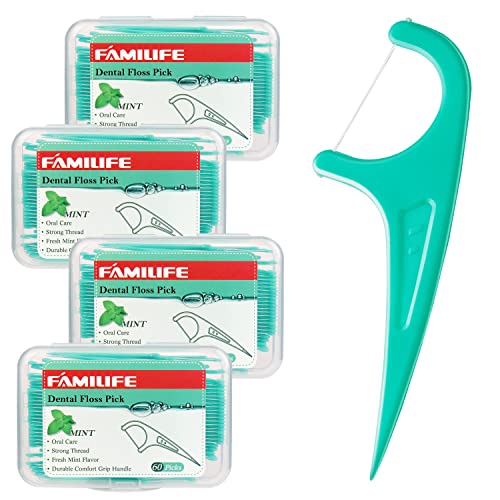 FAMILIFE Floss Picks Mint Dental Floss Picks with 4 Travel Handy Cases 240 Count Flossers