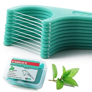 FAMILIFE Floss Picks Mint Dental Floss Picks with 4 Travel Handy Cases 240 Count Flossers