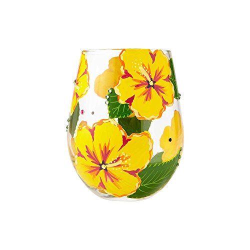 Enesco Designs by Lolita Hibiscus Hand-Painted Artisan Stemless Wine Glass, 1 Count (Pack of 1), Multicolor