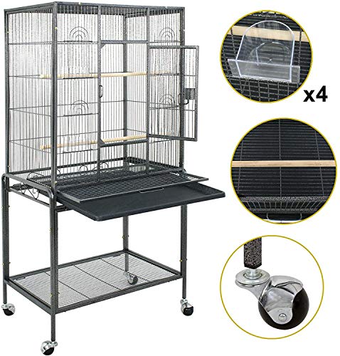 SUPER DEAL 53-Inch Rolling Bird Cage Large Wrought Iron Cage for Cockatiel Sun Conure Parakeet Finch Budgie Lovebird Canary Medium Pet House with Rolling Stand & Storage Shelf